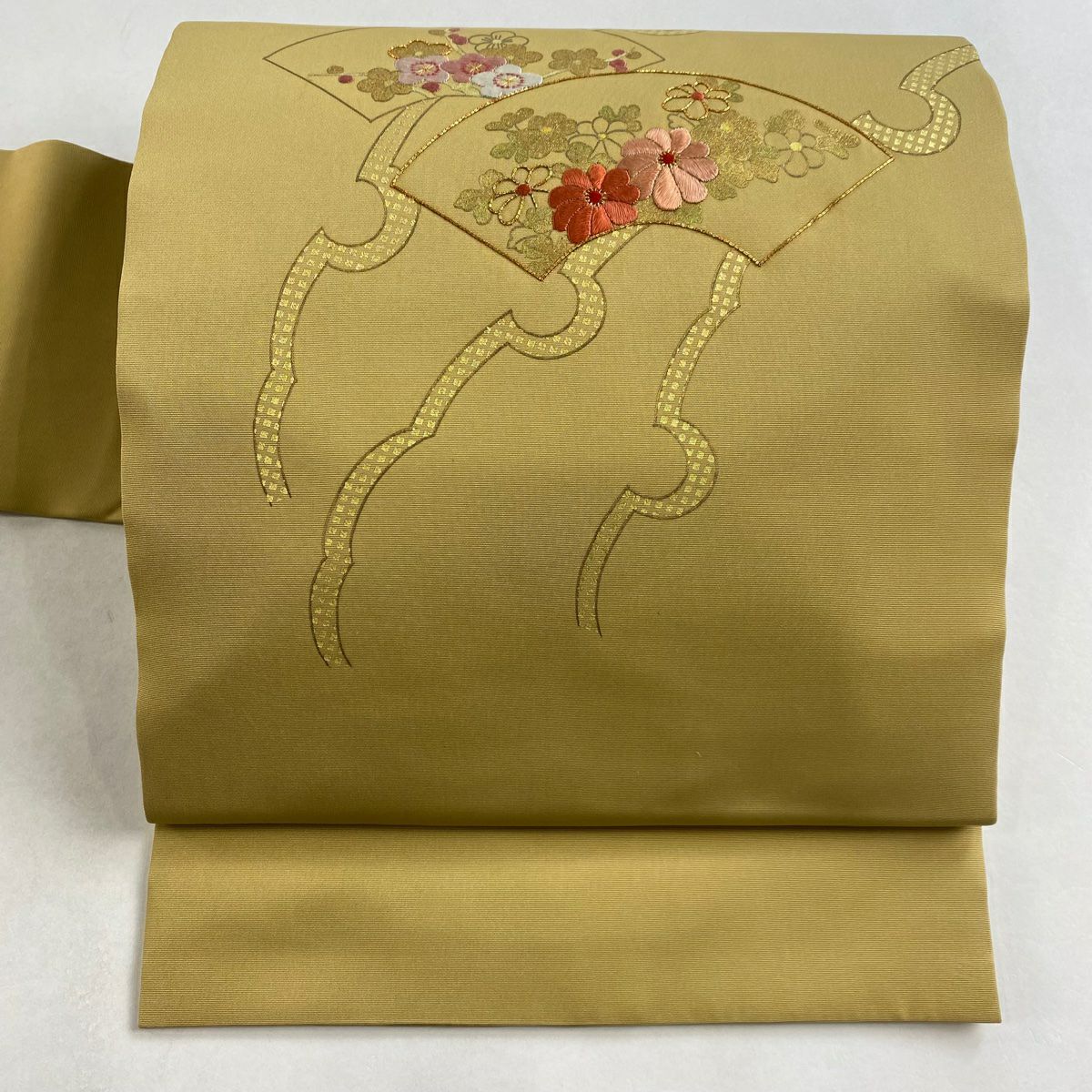 名古屋帯 美品 秀品 扇面 鴛鴦 刺繍 金糸 小豆色 正絹|中古 名古屋帯 美品 秀品 扇面 鴛鴦 刺繍 金糸 小豆色 正絹|中古