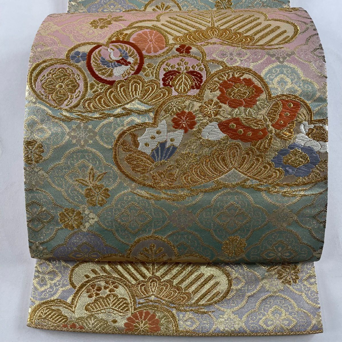 袋帯 美品 秀品 関西仕立て 笠松 花 箔 金銀糸 クリーム 六通 袋帯 美品 秀品 関西仕立て 笠松 花 箔 金銀糸 クリーム 六通