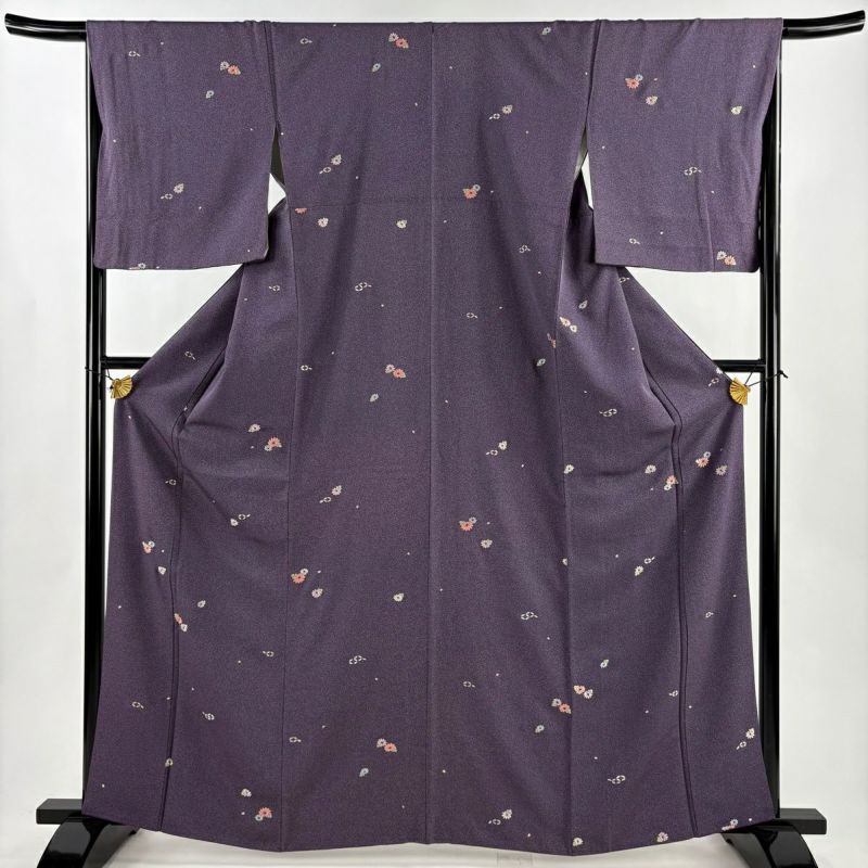 小紋 身丈164cm 裄丈66.5cm M 袷 菊 七宝 銀糸 刺繍 紫 正絹 秀品