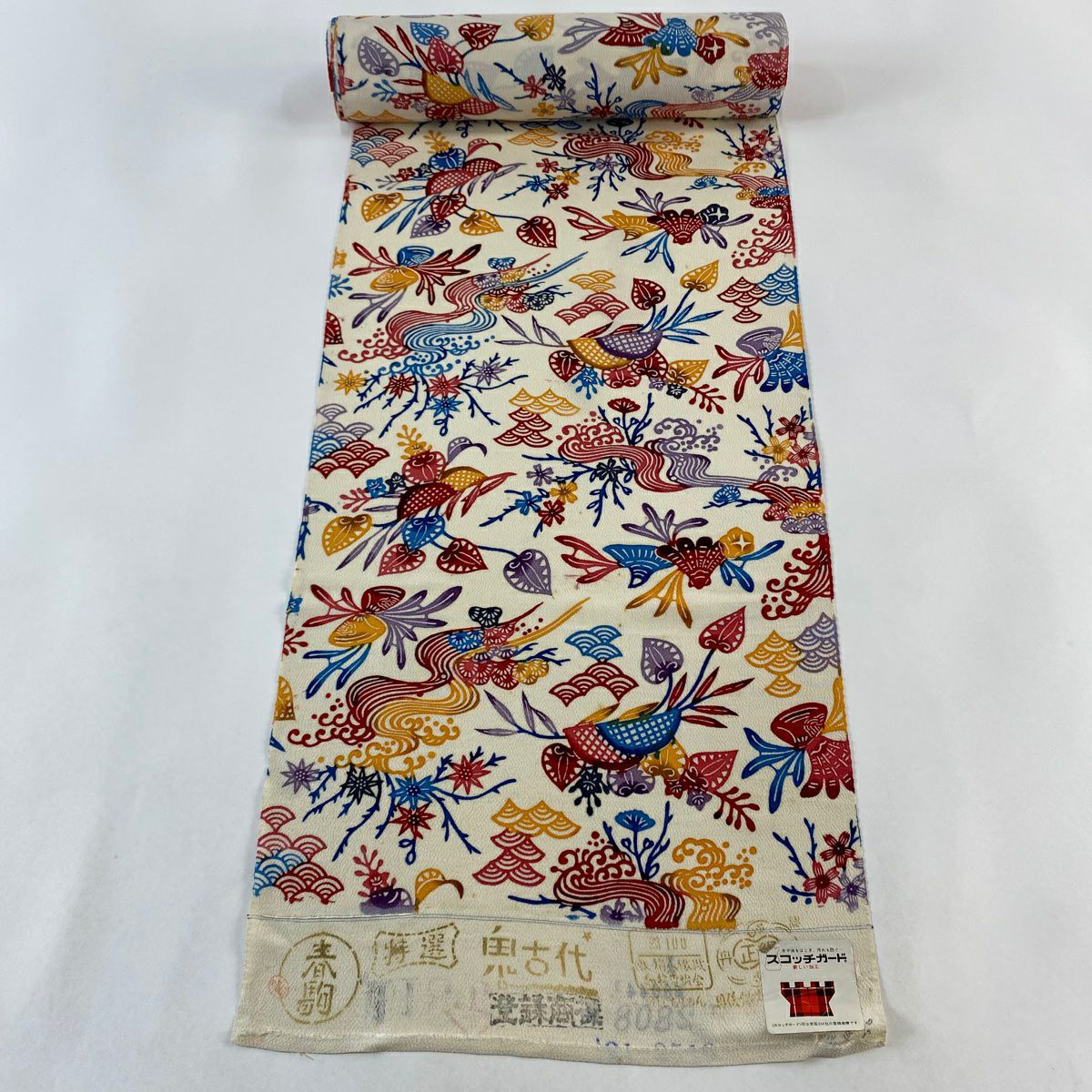 半幅帯 秀品 夏帯 草花 縞 クリーム 正絹|中古・古着 半幅帯 秀品 夏帯 草花 縞 クリーム 正絹|中古・古着