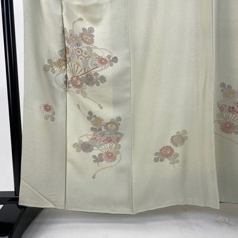付下げ 身丈162cm 裄丈68cm L 袷 袋帯セット 扇 菊 刺繍 薄緑 付下げ 身丈162cm 裄丈68cm L 袷 袋帯セット 扇 菊 刺繍 薄緑