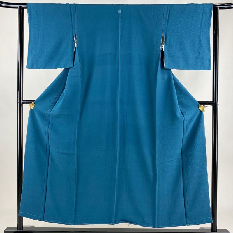 色無地 身丈151.5cm 裄丈62cm S 袷 縮緬 青緑 正絹 優品 一つ紋 色無地 身丈151.5cm 裄丈62cm S 袷 縮緬 青緑 正絹 優品 一つ紋