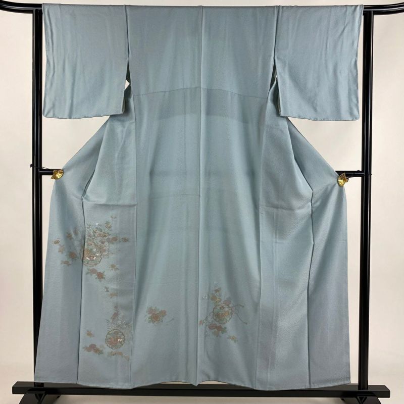 付下げ 身丈154.5cm 裄丈63cm S 袷 雪輪 草花 刺繍 金糸 水色 付下げ 身丈154.5cm 裄丈63cm S 袷 雪輪 草花 刺繍 金糸 水色