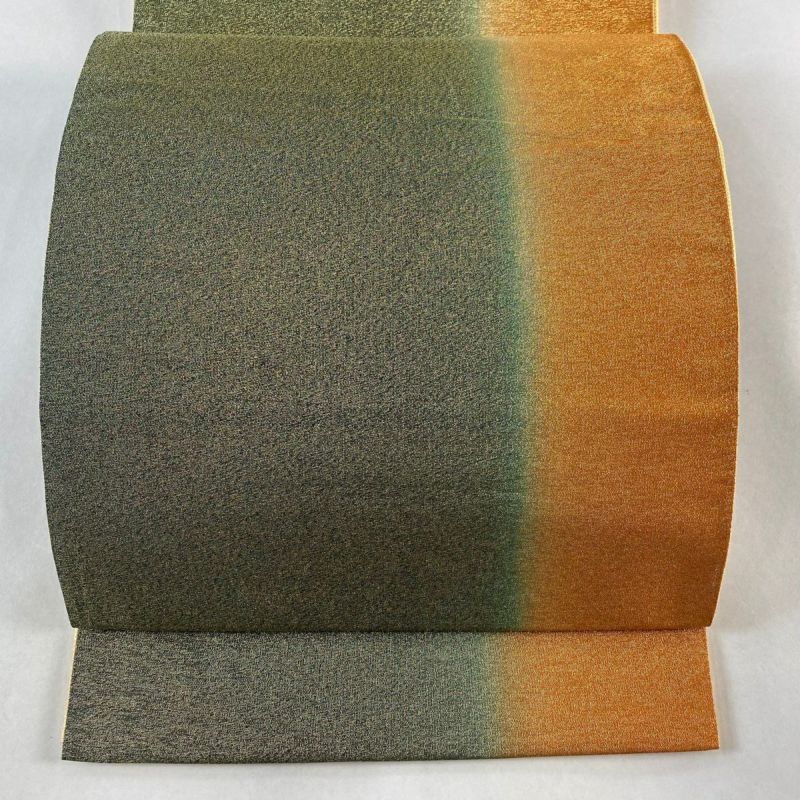 袋帯 美品 秀品 縦ぼかし柄 箔 染め分け 茶緑色 全通 正絹|中古 袋帯 美品 秀品 縦ぼかし柄 箔 染め分け 茶緑色 全通 正絹|中古