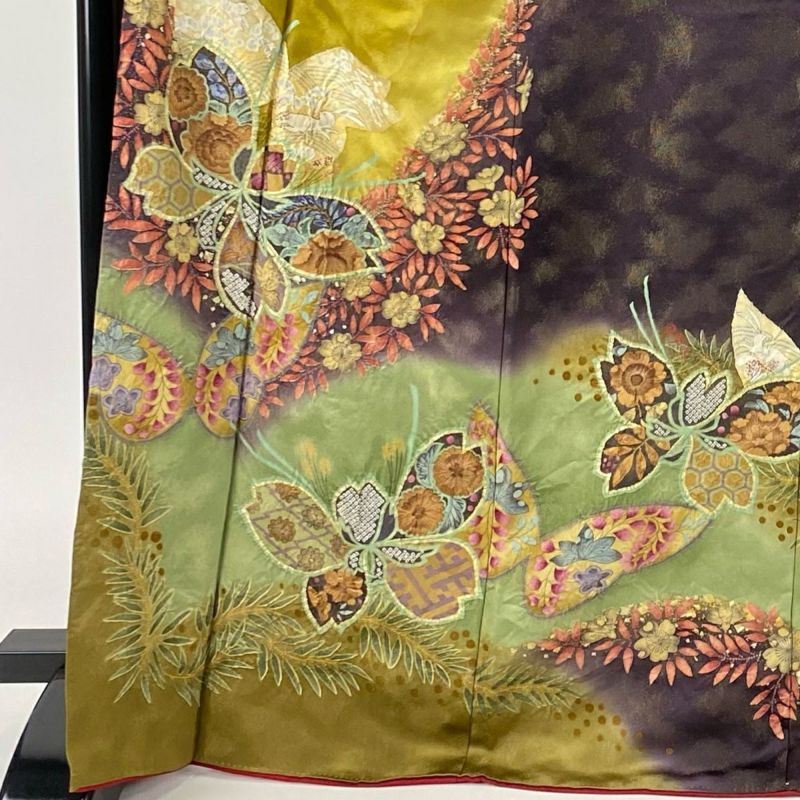 振袖 身丈169cm 裄丈70cm L 袷 蝶 うさぎ 金通し 絞り 鶯色 正絹 振袖 身丈169cm 裄丈70cm L 袷 蝶 うさぎ 金通し 絞り 鶯色 正絹