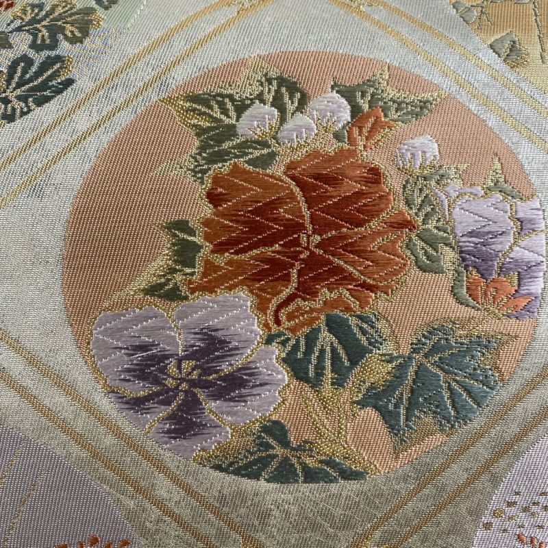 袋帯 美品 秀品 菱天井文 枝桜 金糸 箔 銀色 六通 正絹|中古 袋帯 美品 秀品 菱天井文 枝桜 金糸 箔 銀色 六通 正絹|中古