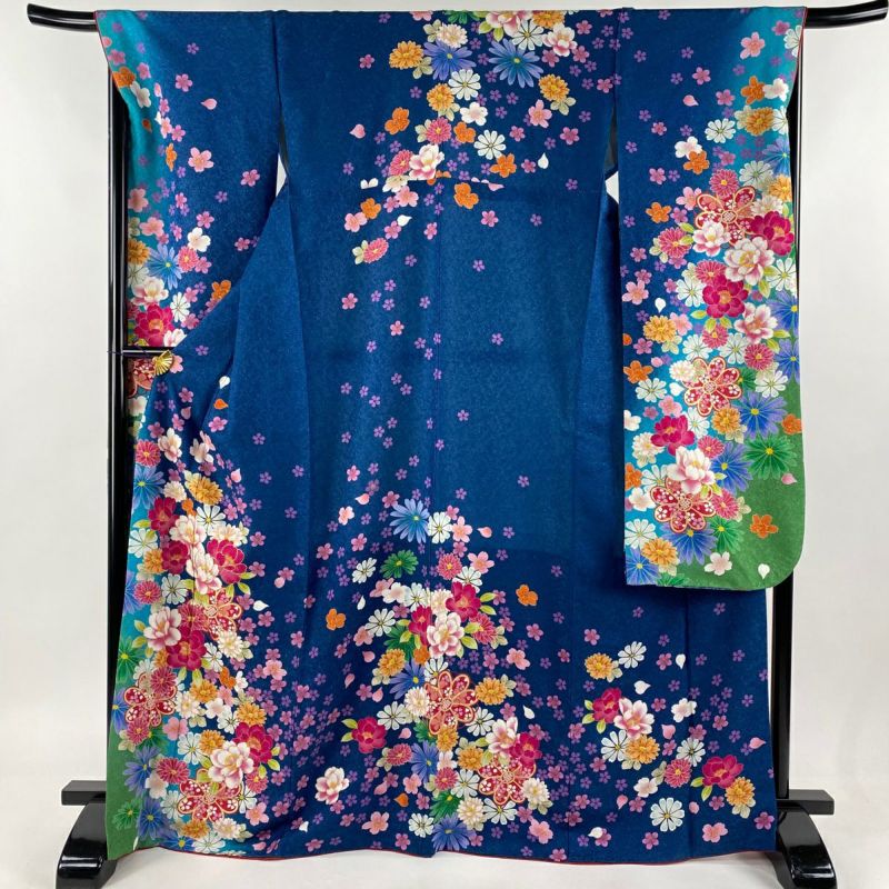 振袖 身丈168cm 裄丈68.5cm L 袷 草花 桜 銀通し 金彩 藍色 正絹 振袖 身丈168cm 裄丈68.5cm L 袷 草花 桜 銀通し 金彩 藍色 正絹