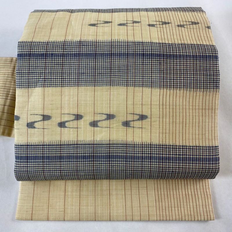 名古屋帯 美品 逸品 証紙あり 八重山上布 縞 流水 ベージュ 麻 名古屋帯 美品 逸品 証紙あり 八重山上布 縞 流水 ベージュ 麻