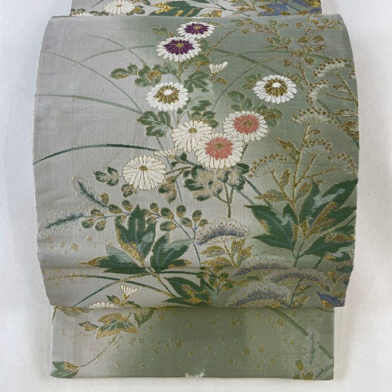 袋帯 秀品 草花 菊 箔 唐織 灰緑 六通 正絹|中古・古着 袋帯 秀品 草花 菊 箔 唐織 灰緑 六通 正絹|中古・古着